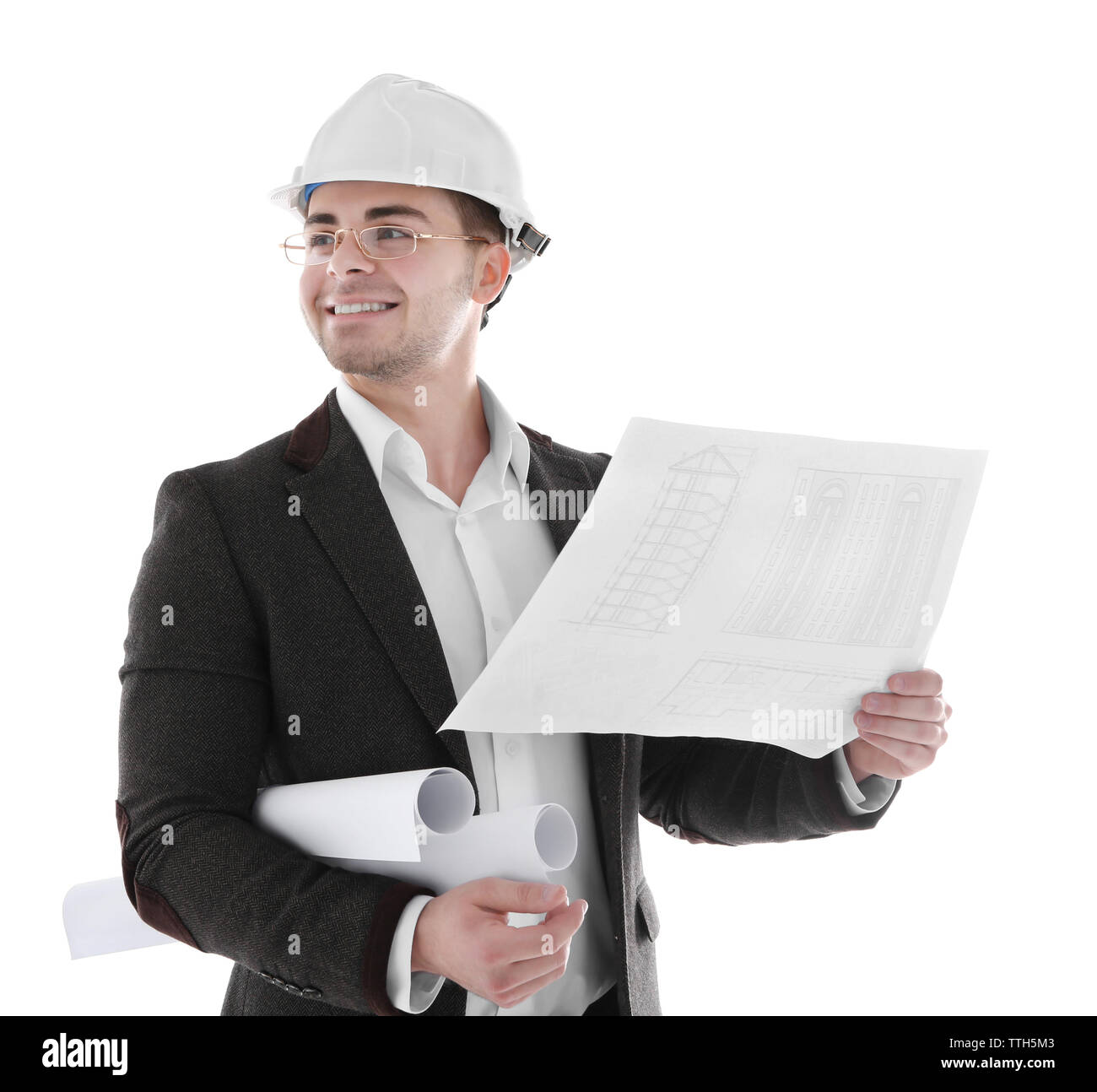 Architect man in hardhat isolated on white Stock Photo - Alamy