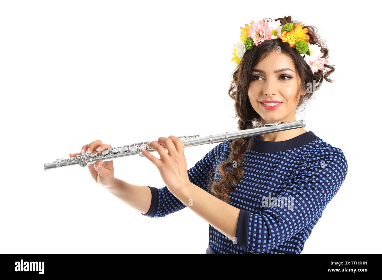 Beautiful young woman with flute isolated on white Stock Photo - Alamy