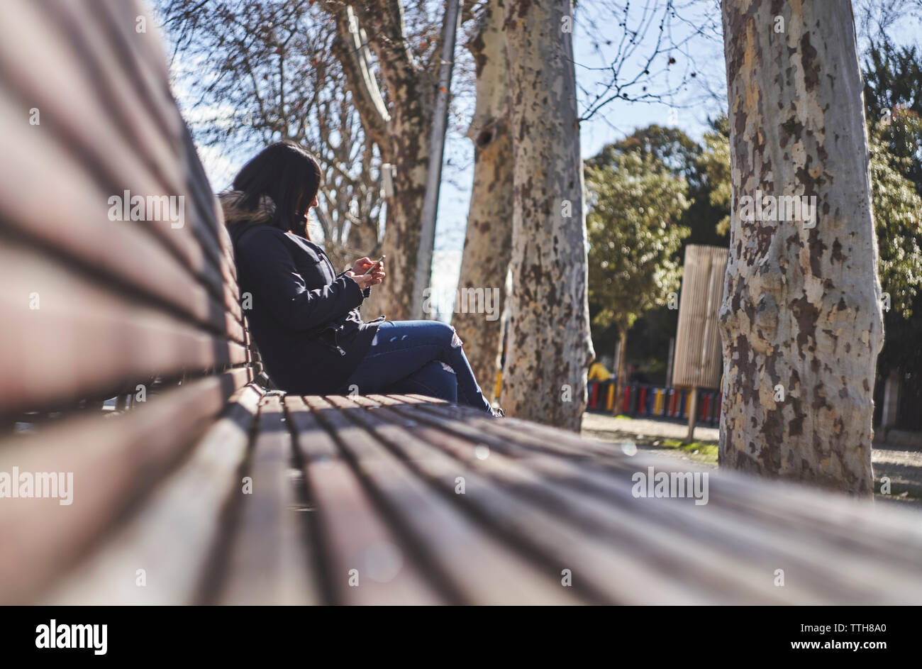 Women using smartphone on bench hi-res stock photography and images - Alamy