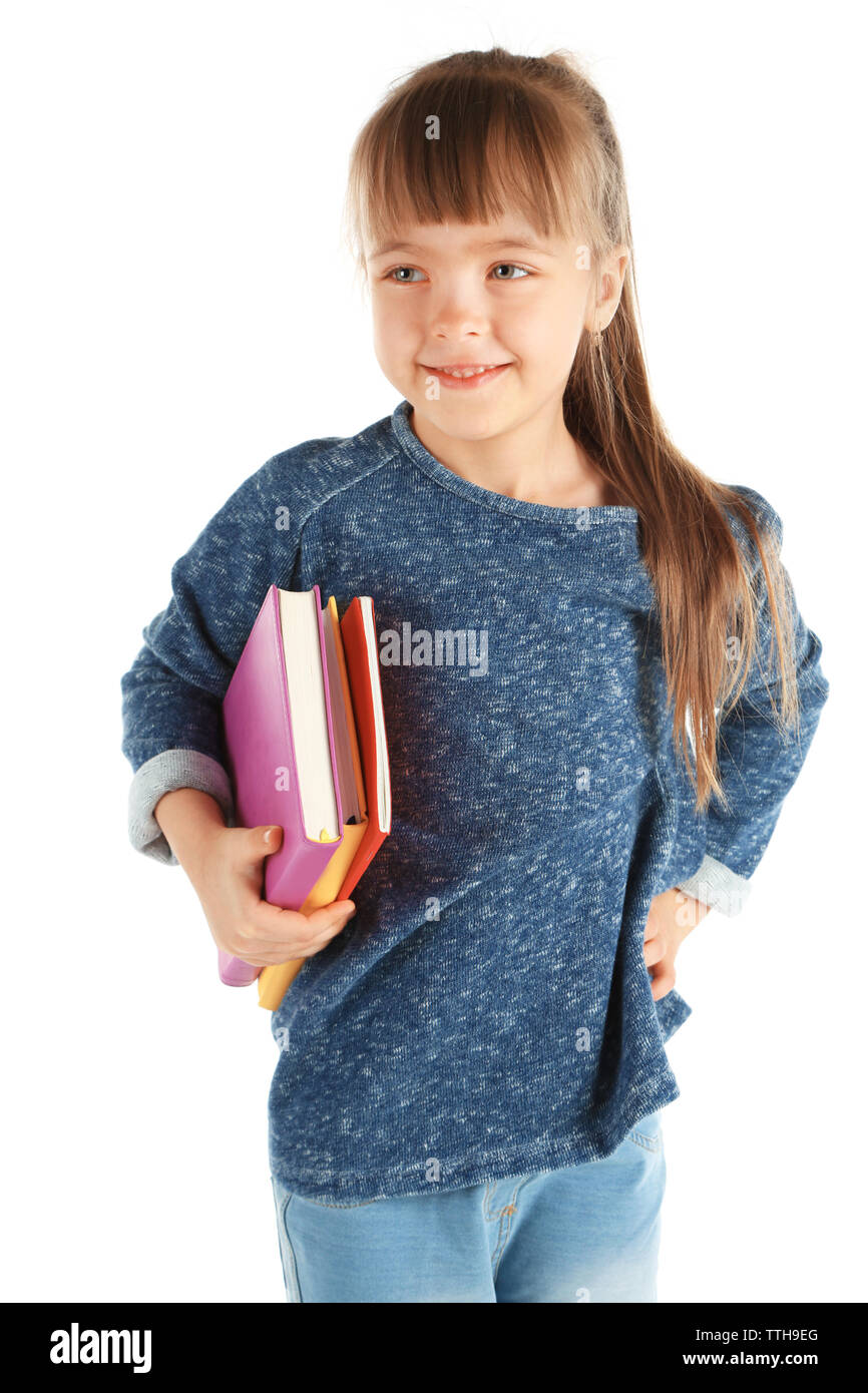 Little girl with notebooks isolated on white Stock Photo - Alamy