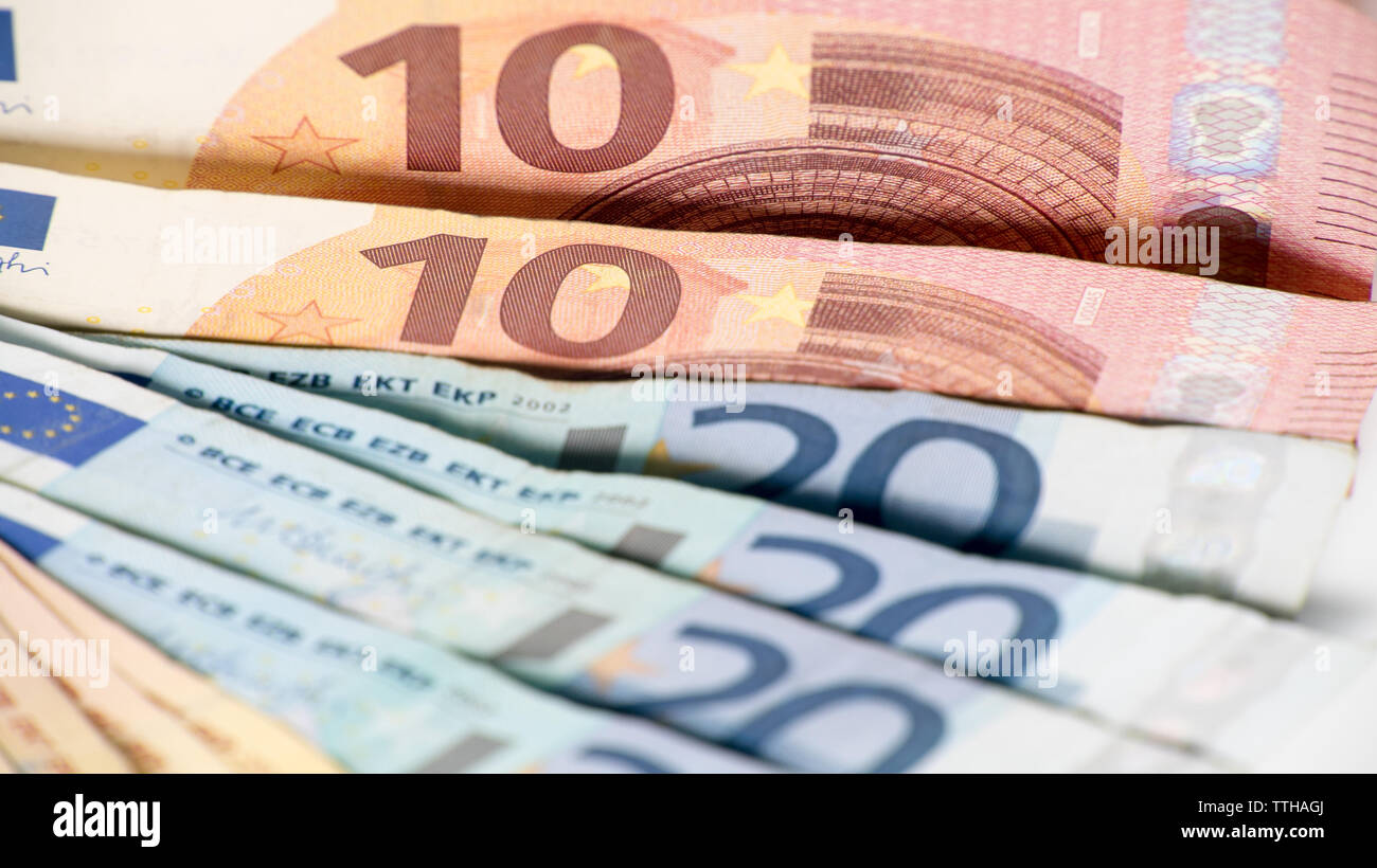 Euros bills of different values. Euro bill of ten and twenty. Cash ...
