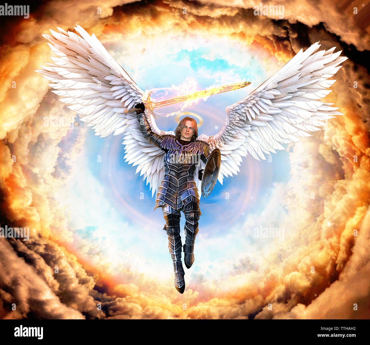 Archangel Michael, with flaming sword and shield, flying on feathered wings into hell, 3d render ...