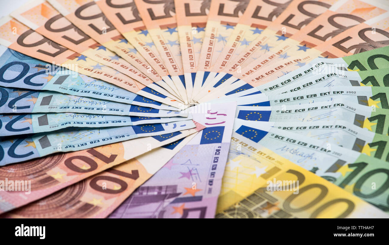 Euros bills of different values. Euro bill of twenty, fifty, one, two, five hundred. Cash ...