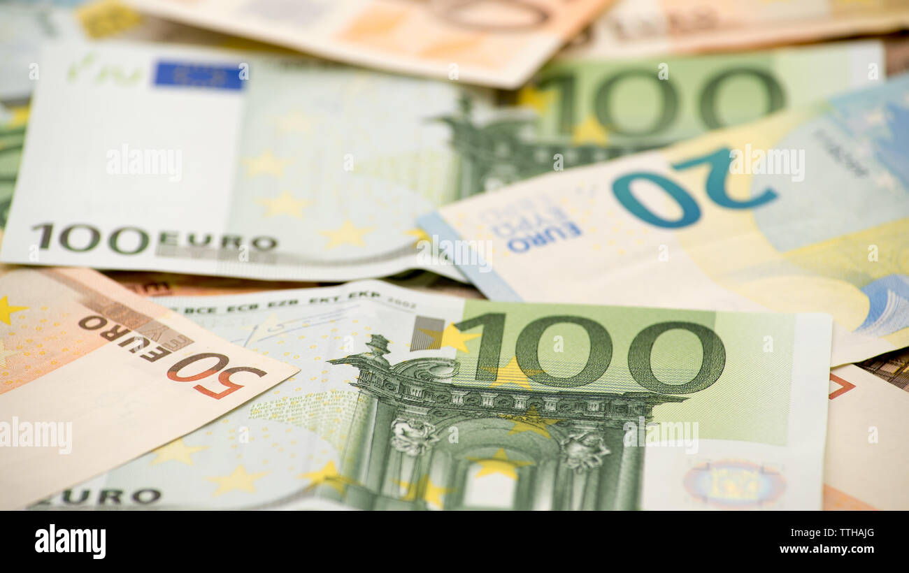 Euros bills of different values. A euro bill of one hundred. Cash money ...