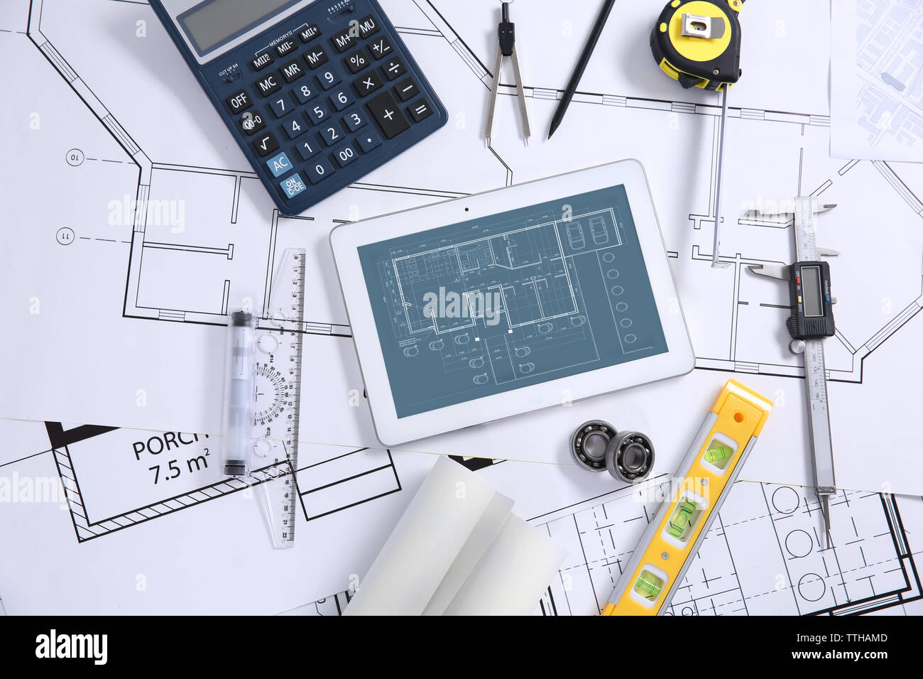Project drawings and tablet, top view Stock Photo - Alamy