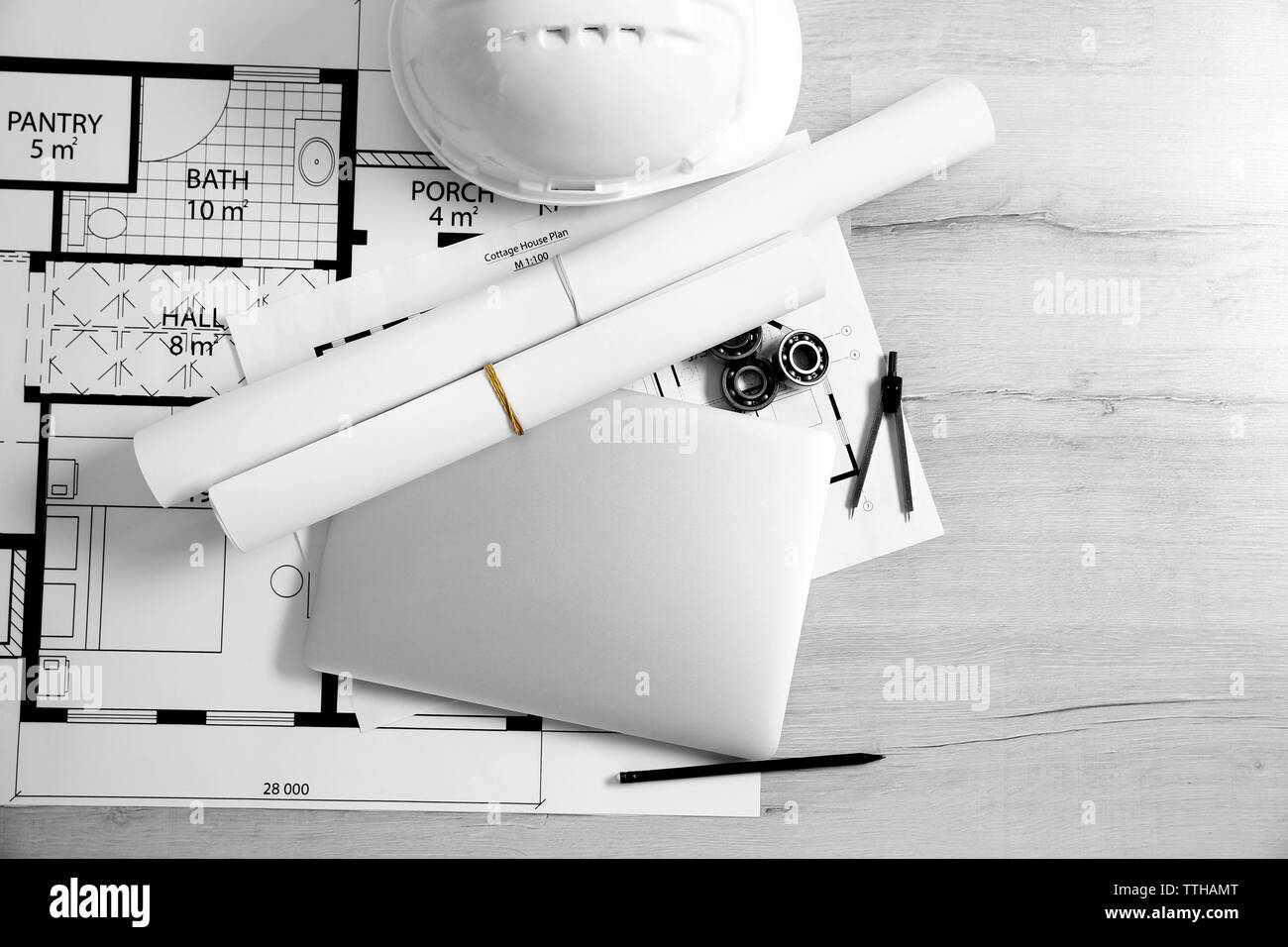 Project drawing and laptop, top view Stock Photo - Alamy