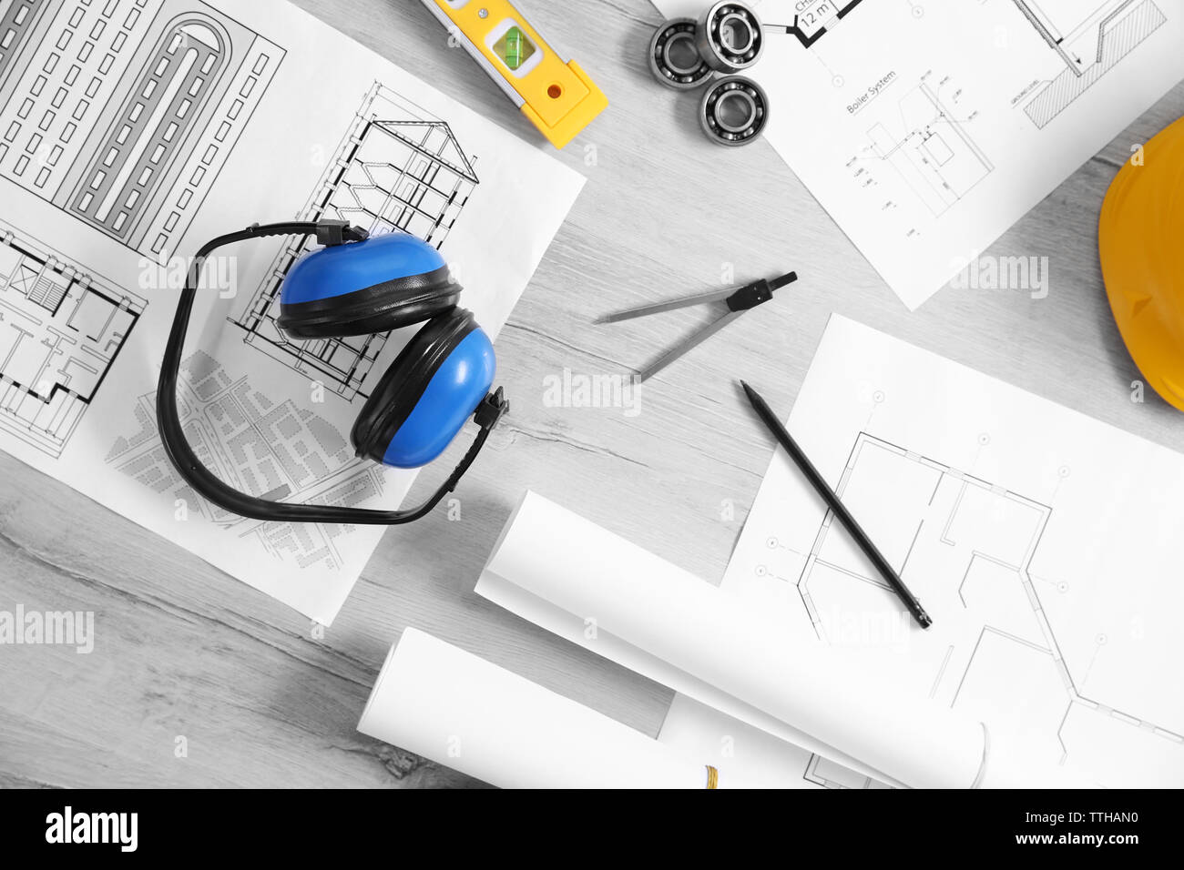 Project drawings and tools, top view Stock Photo - Alamy