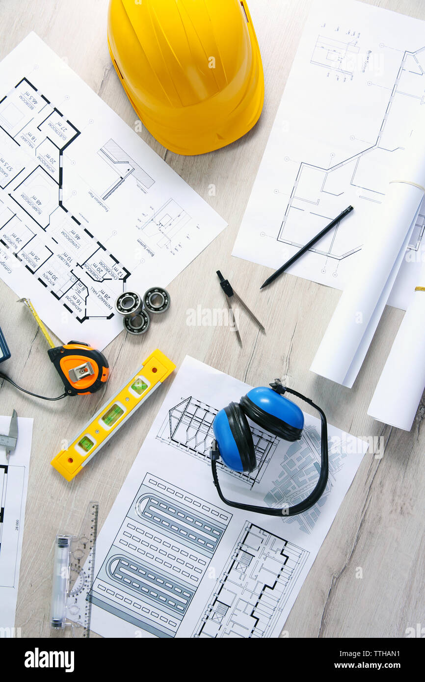 Project drawings and tools, top view Stock Photo - Alamy