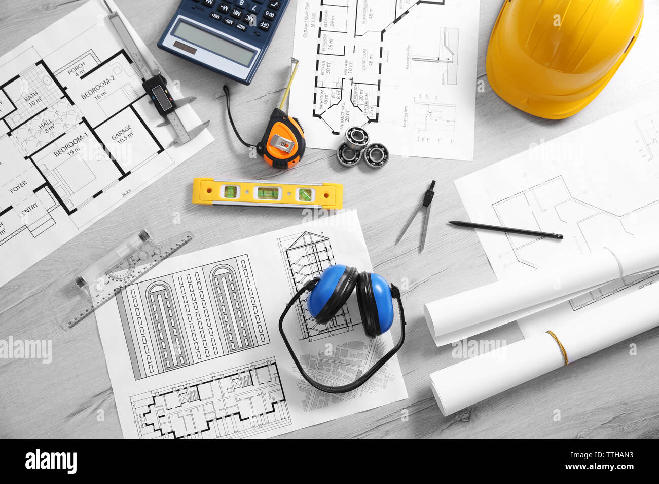Project drawings and tools, top view Stock Photo - Alamy