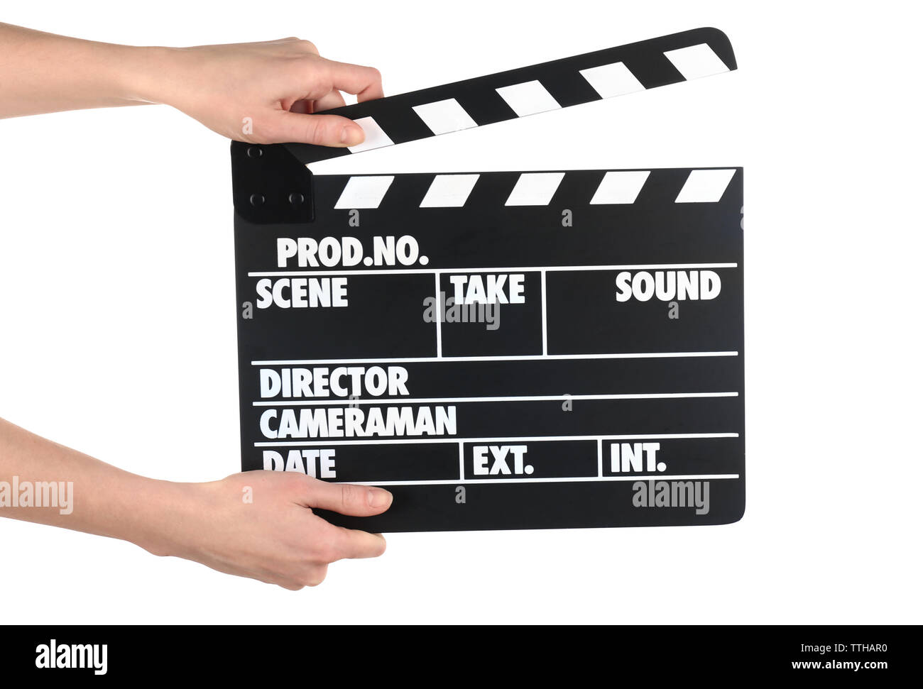 Female hands holding movie clapper isolated on white Stock Photo - Alamy