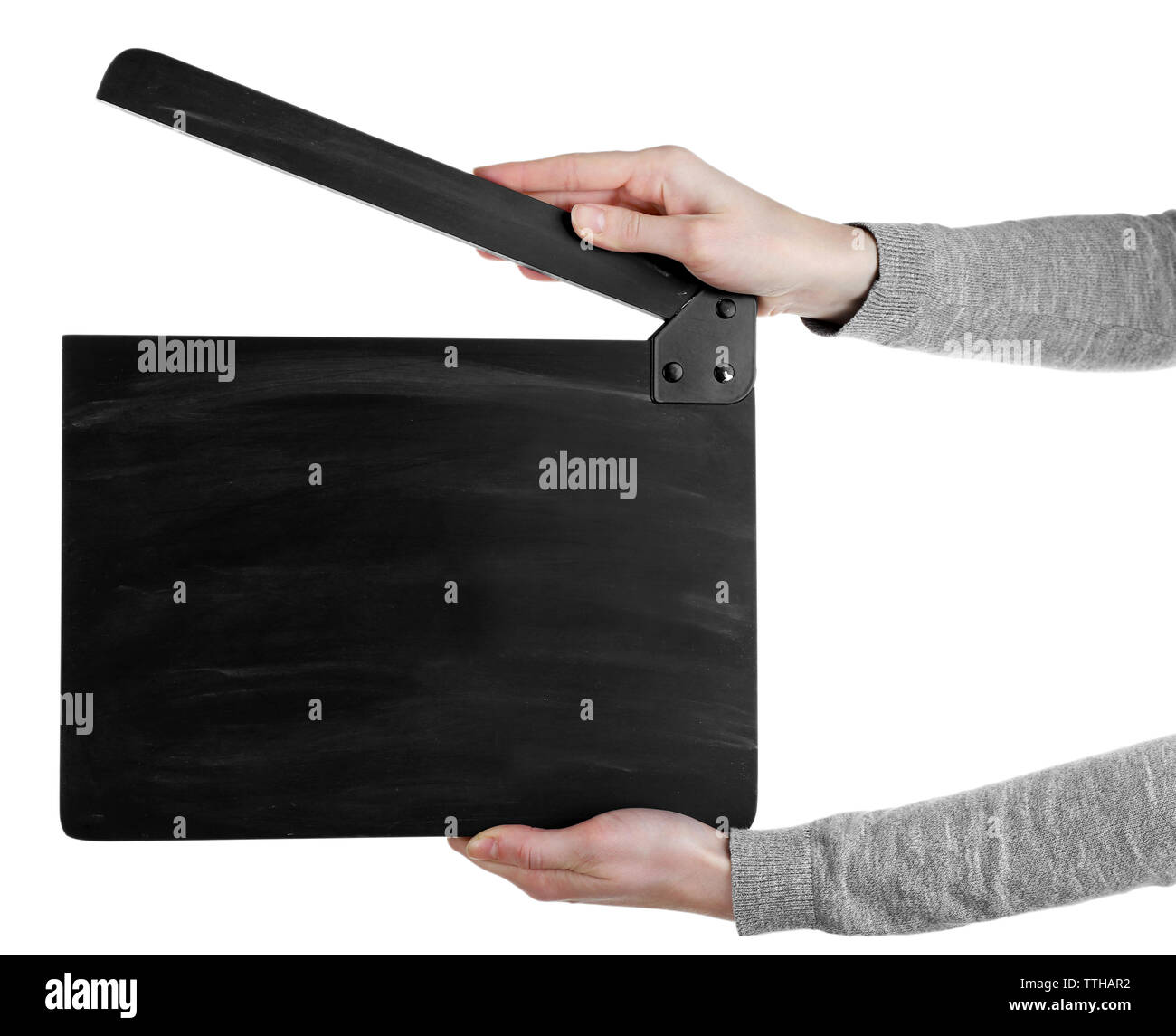 Female hands holding movie clapper isolated on white Stock Photo - Alamy