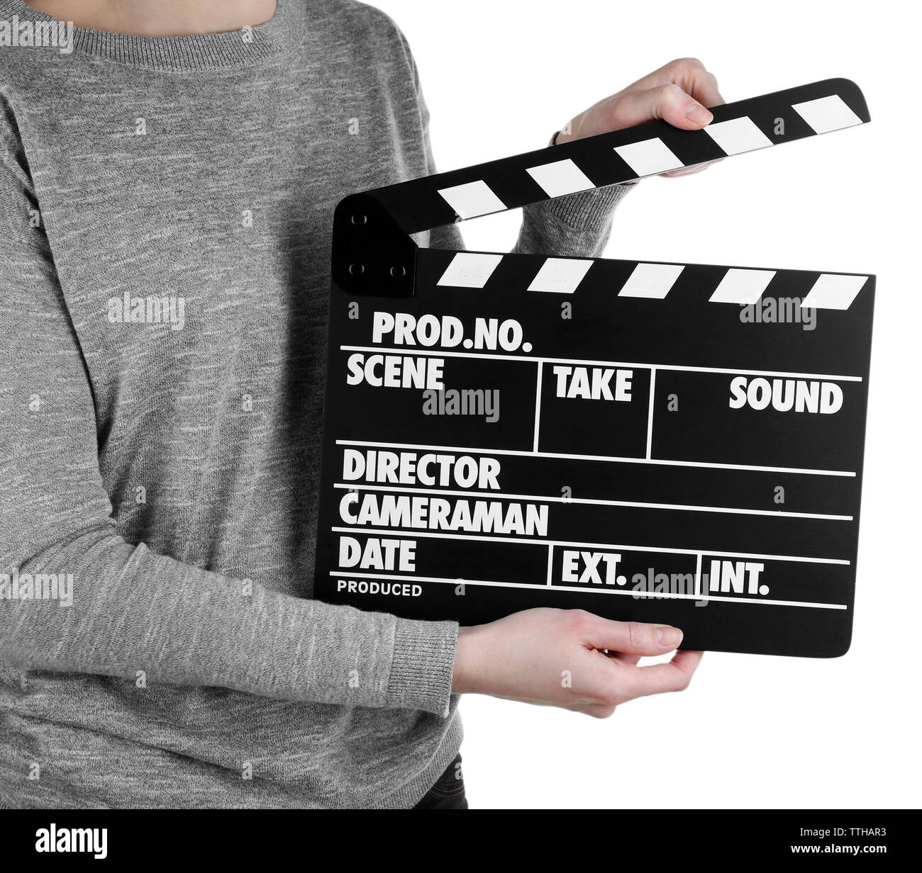 Female hands holding movie clapper isolated on white Stock Photo - Alamy