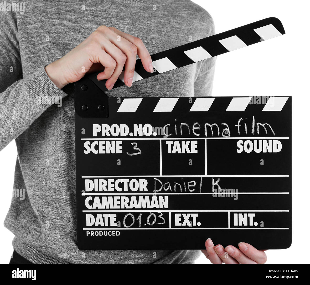 Female hands holding movie clapper isolated on white Stock Photo - Alamy