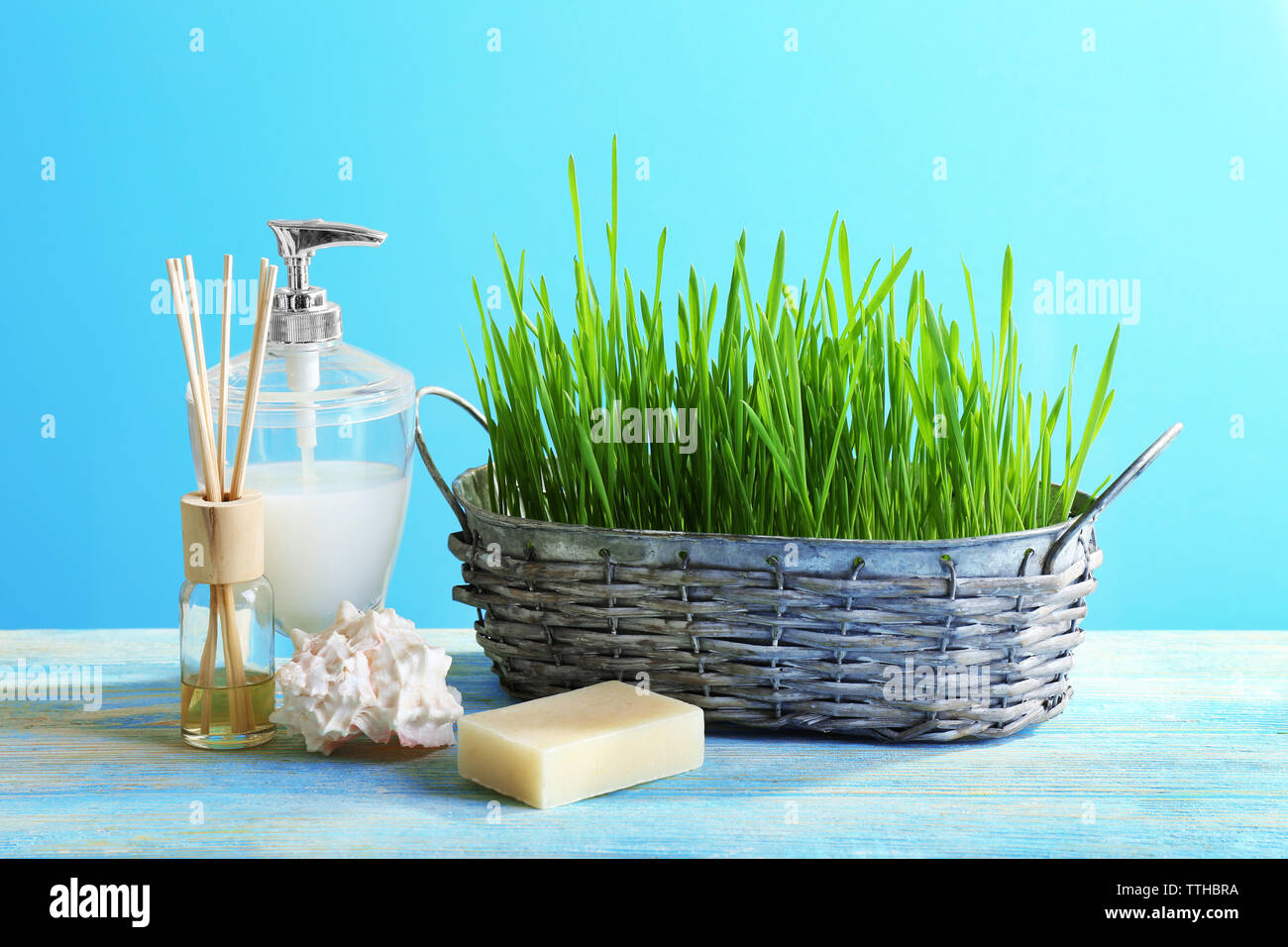 Spa treatment on blue background Stock Photo - Alamy