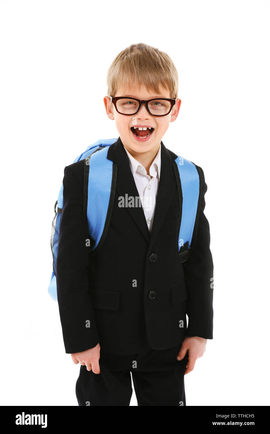 Schoolboy with backpack isolated on white Stock Photo - Alamy