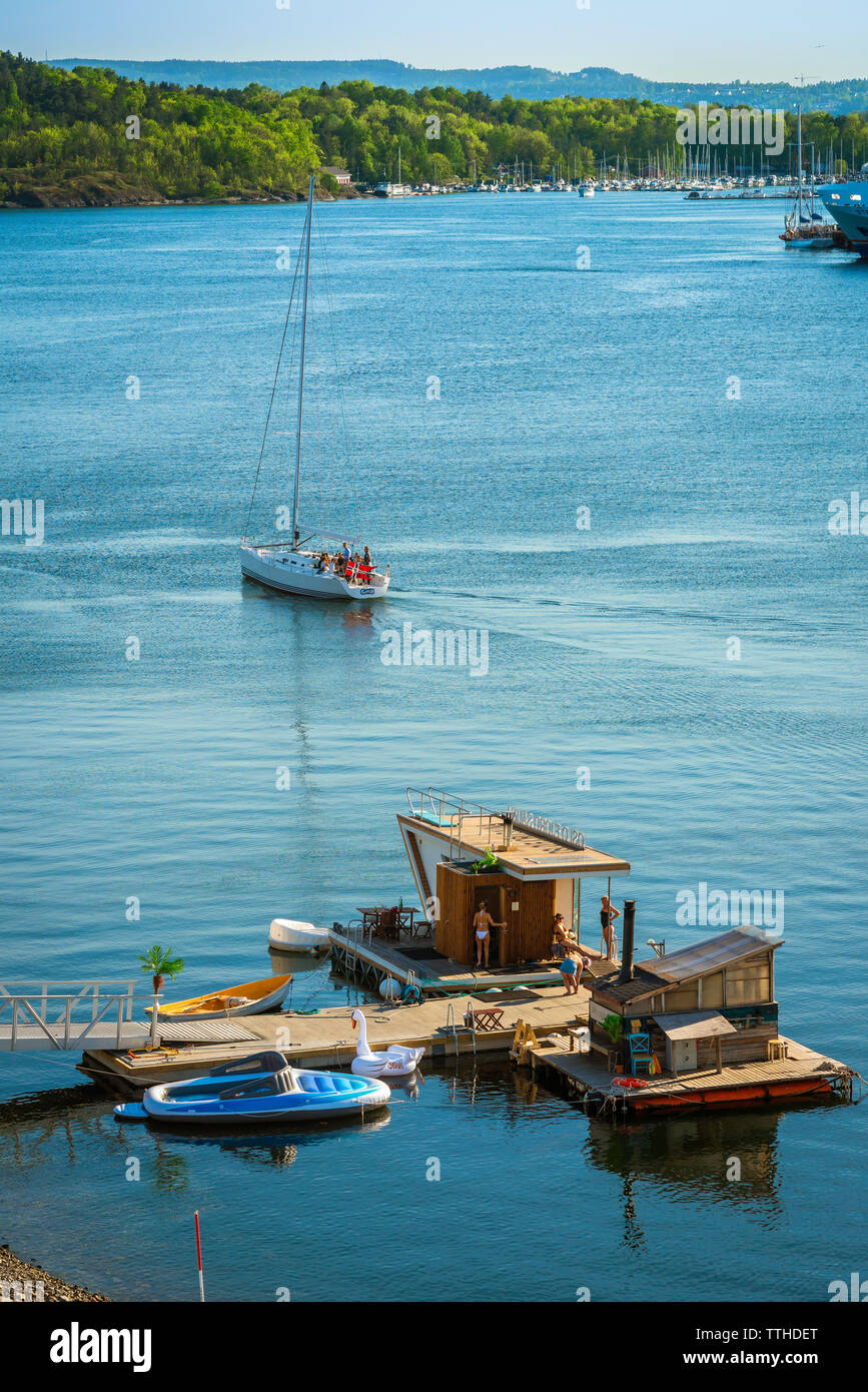 Oslo fjord, view in summer of a waterfront sauna sited along the ...