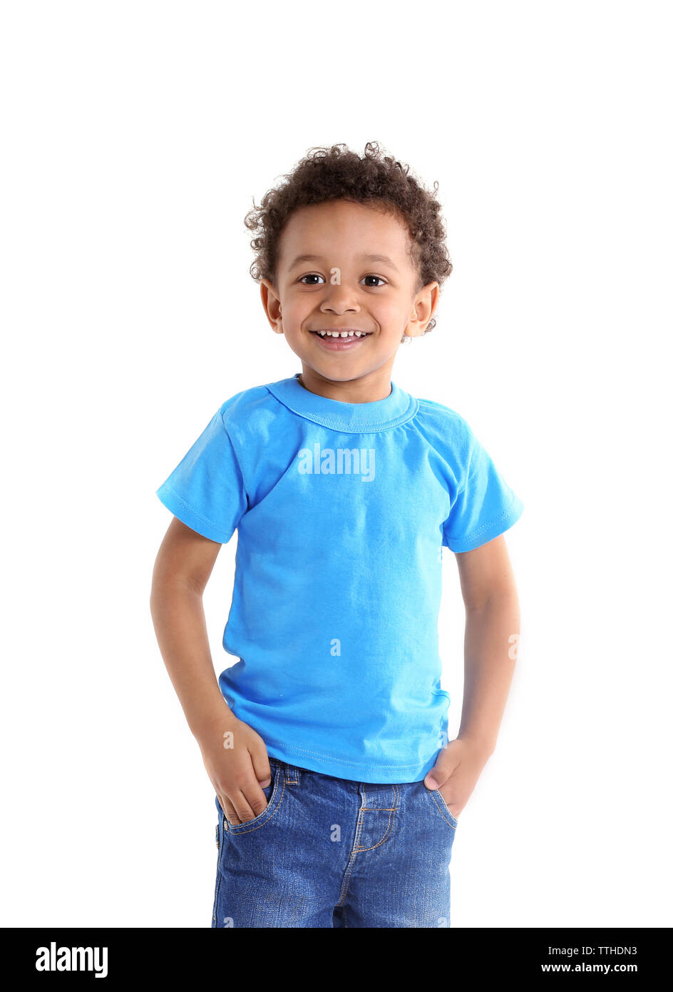Little boy in blue shirt isolated on white background Stock Photo - Alamy