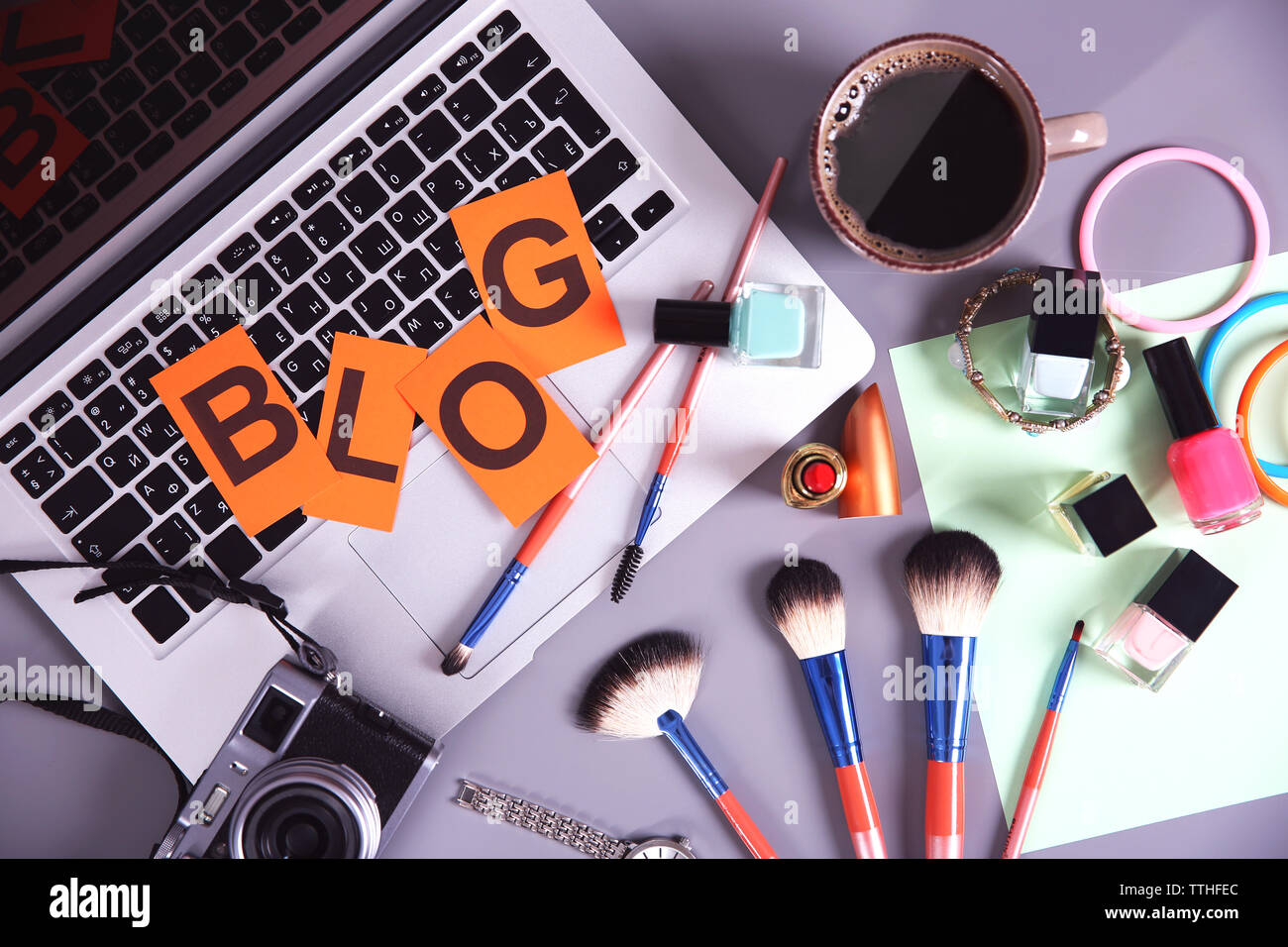 Beauty blog concept Set of fashion accessories and laptop Stock Photo - Alamy