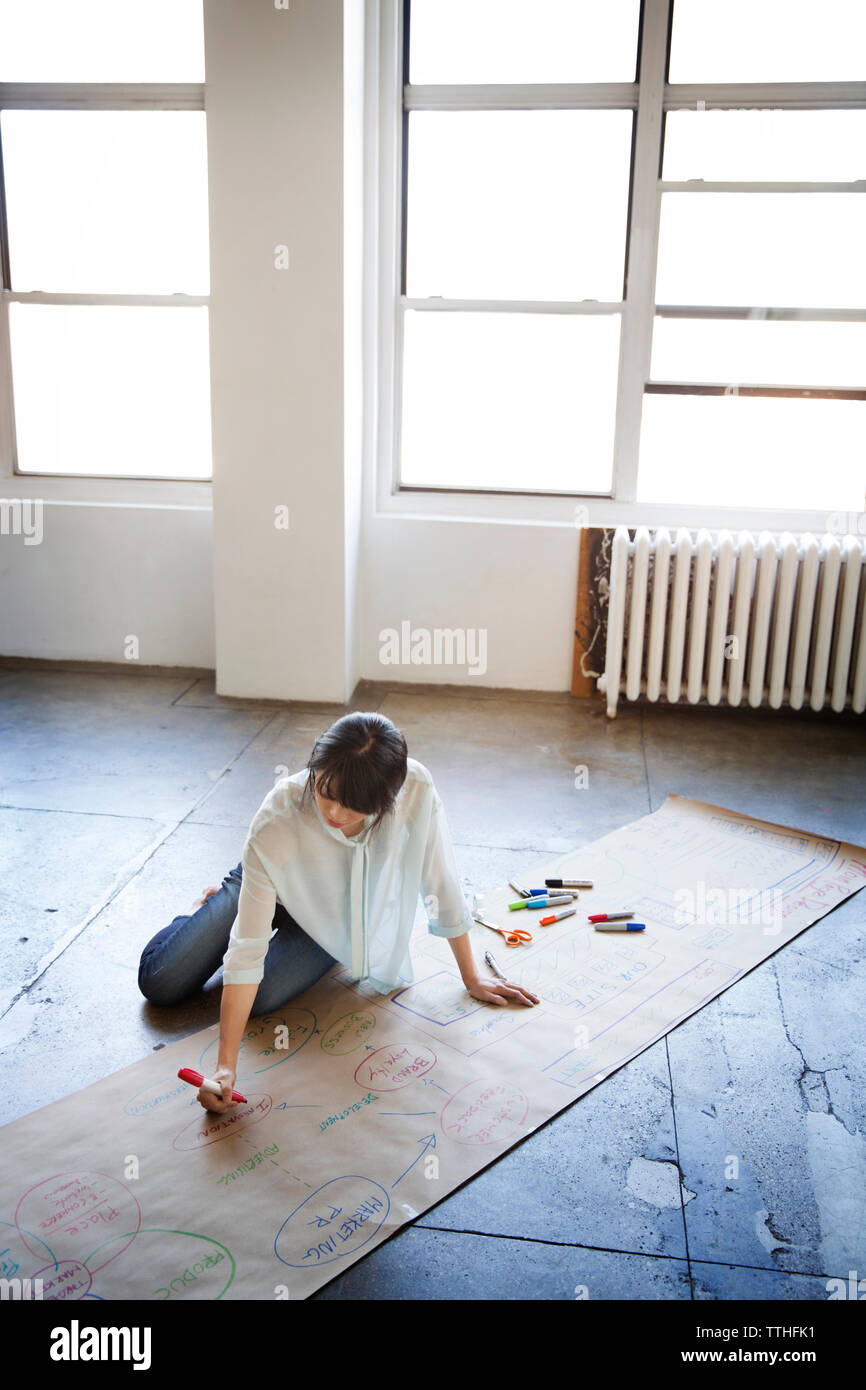 High angle view of businesswoman preparing chart while sitting on floor ...