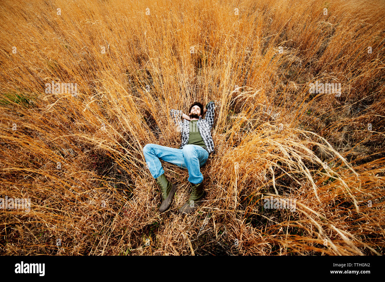 Overhead view of man lying on grassy field Stock Photo - Alamy