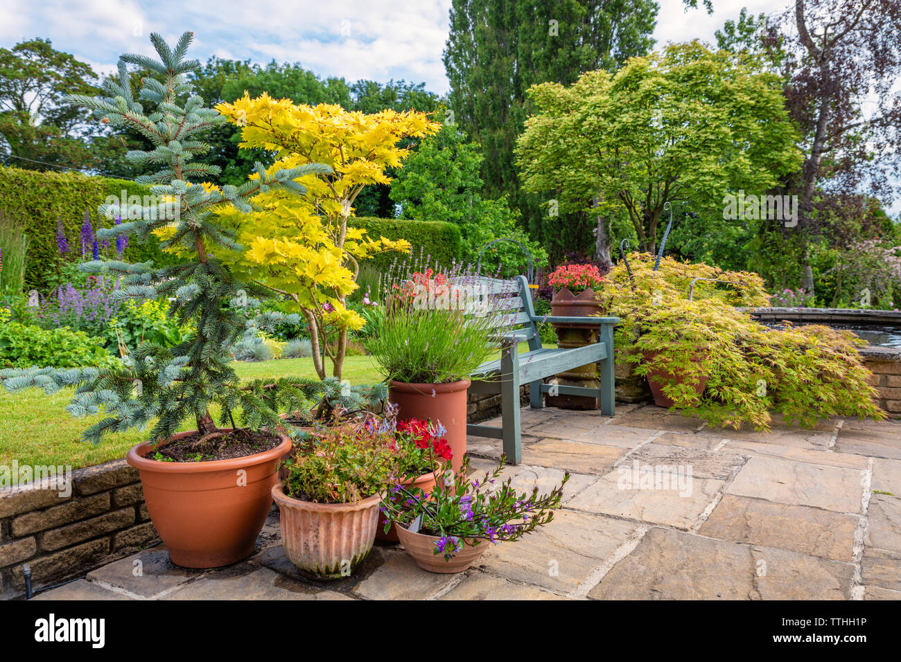 Plant Pots and Seat, English Country Garden, Gloucestershire, UK Stock ...