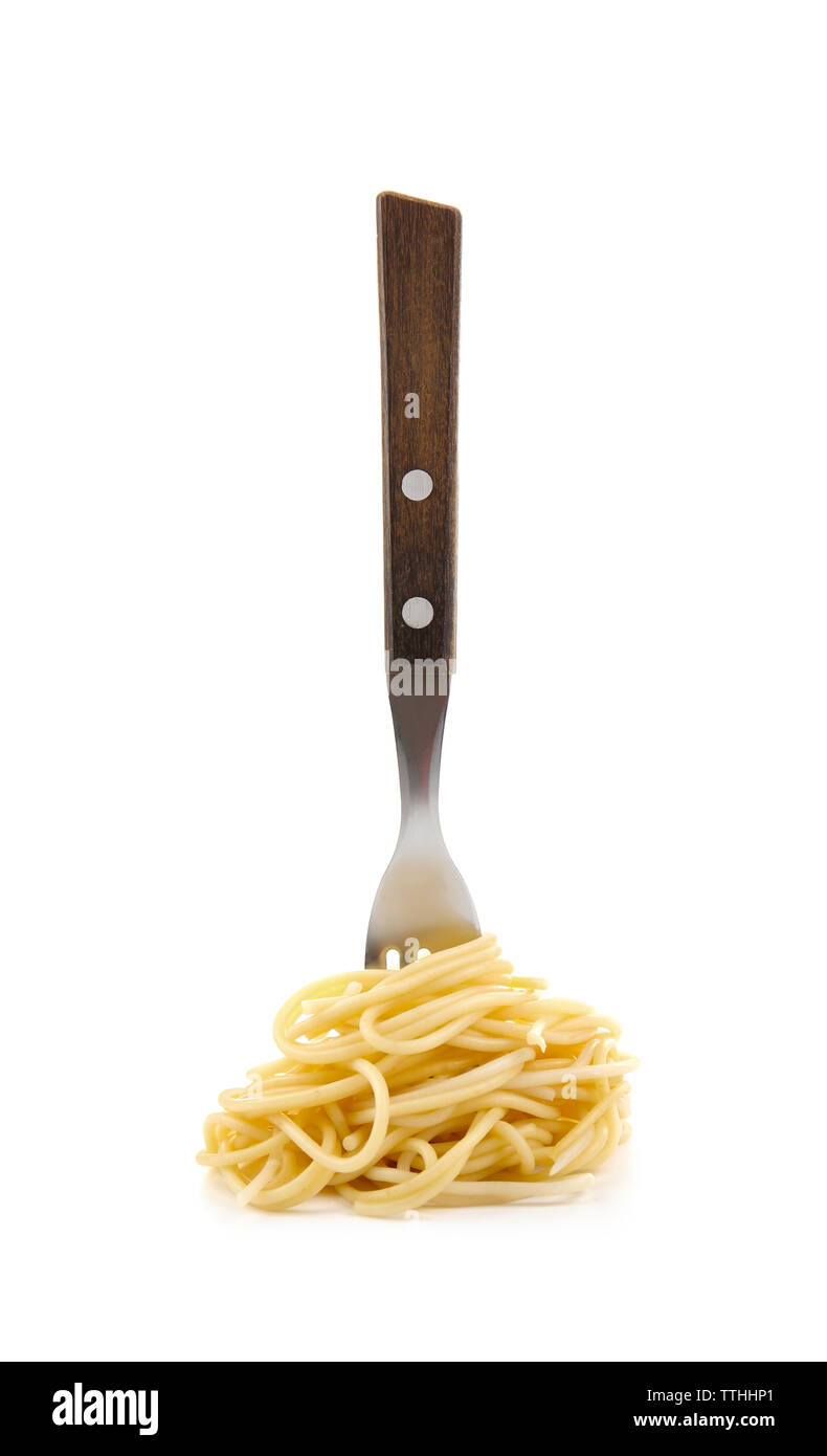 Cooked spaghetti with fork, isolated on white Stock Photo - Alamy