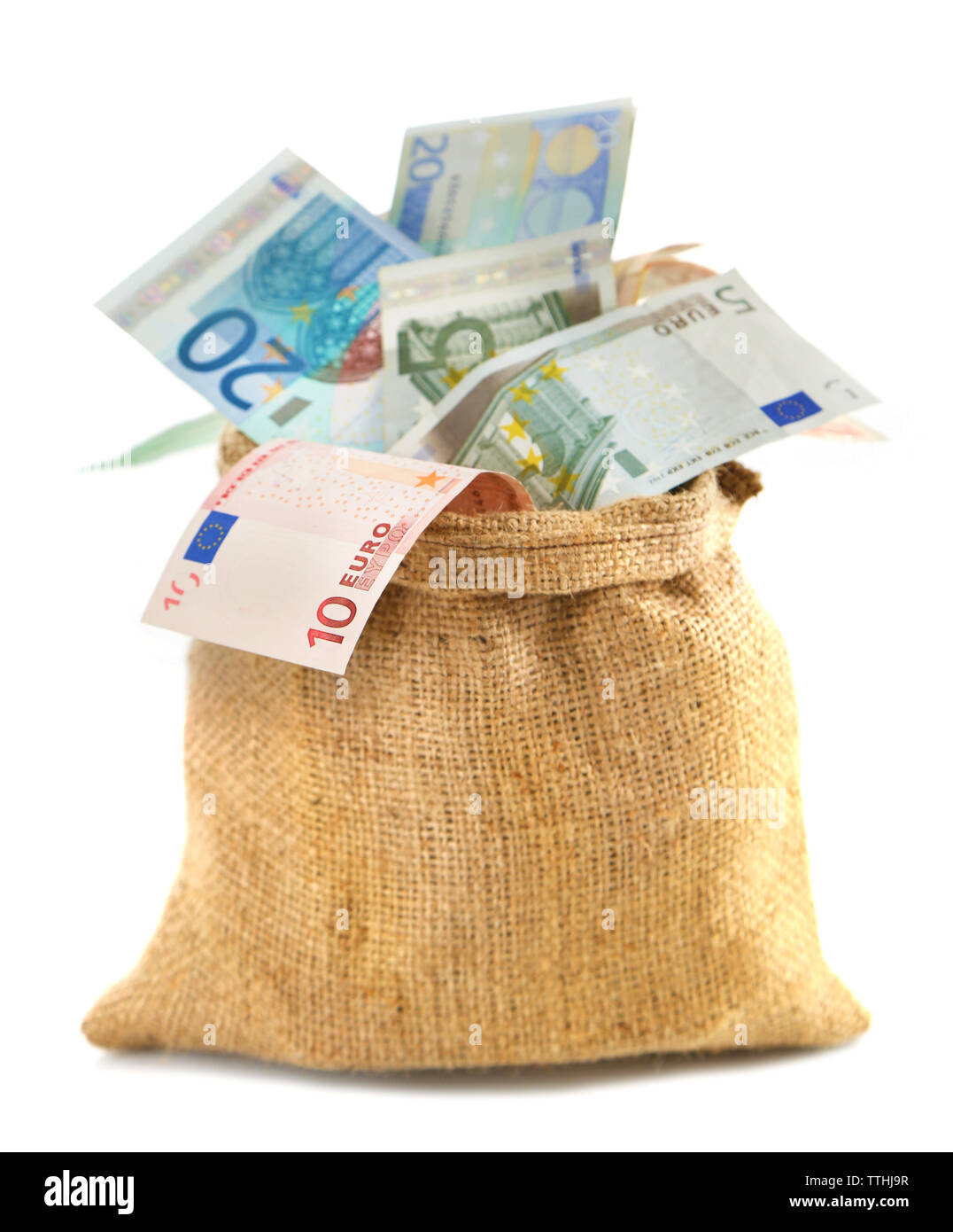 Burlap sack filled with euro banknotes, isolated on white Stock Photo ...