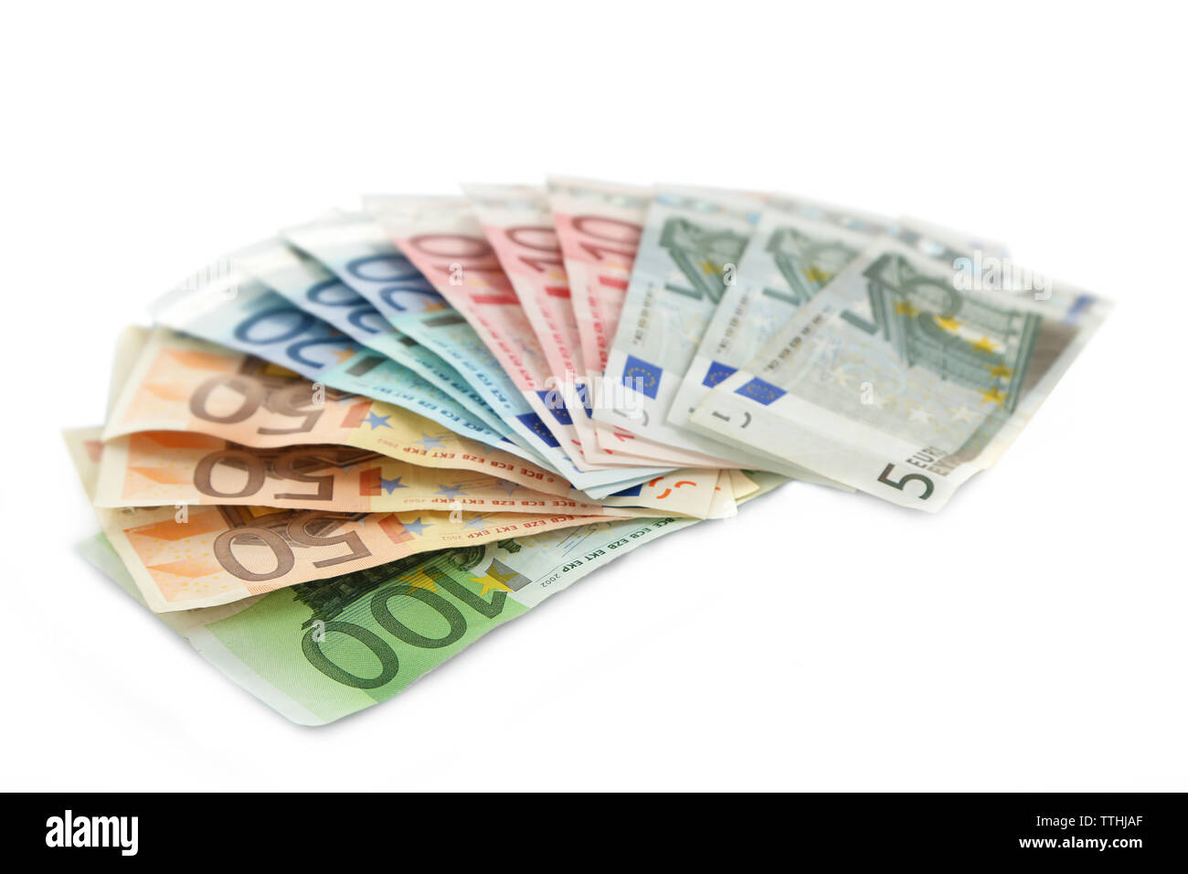 Fan of different euro banknotes, isolated on white Stock Photo - Alamy