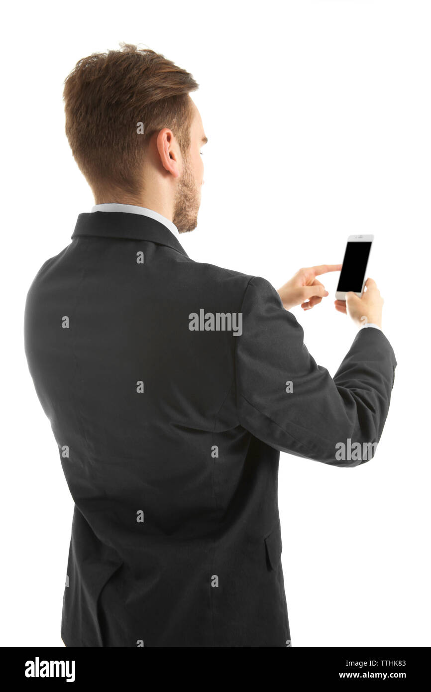 Young man in suit using mobile phone, isolated on white Stock Photo - Alamy