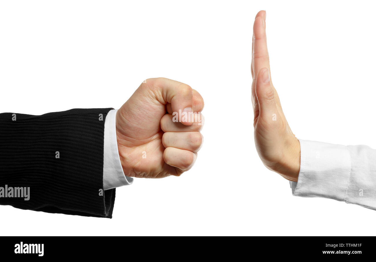Woman hand stopping angry man fist, isolated on white Stock Photo - Alamy