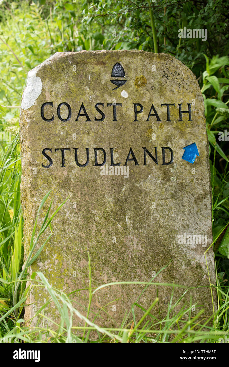 South West Coastal Path stone way marker, Dorset, England, UK Stock ...