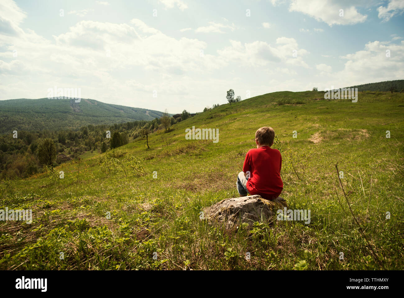 Boy rear view sitting hi-res stock photography and images - Alamy