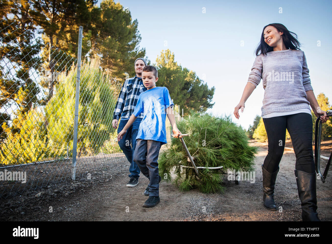 Boy pulling cart while walking with parents on road Stock Photo - Alamy