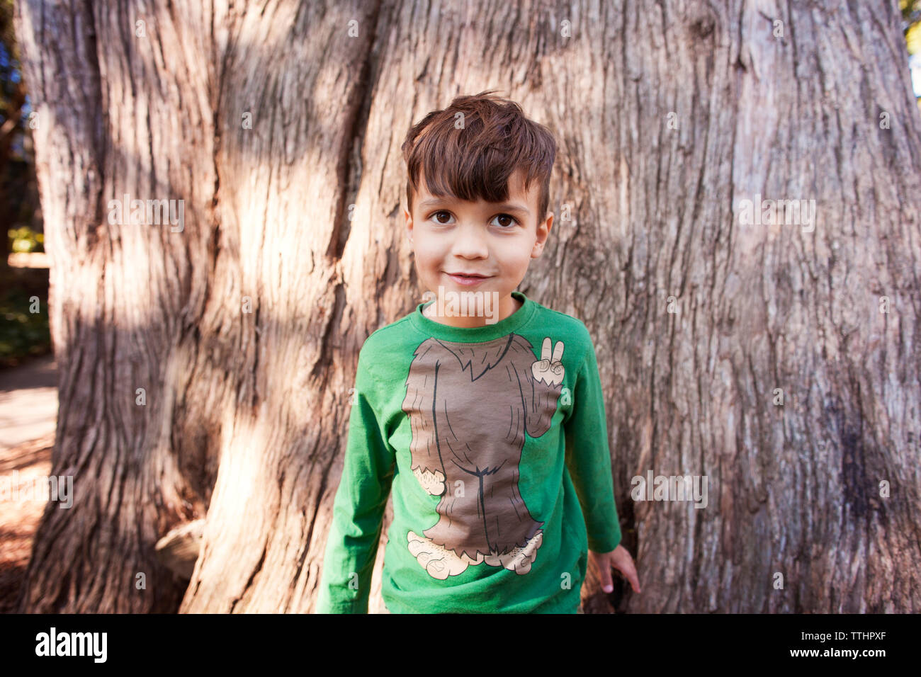 Portrait of cute boy standing against tree trunk Stock Photo - Alamy