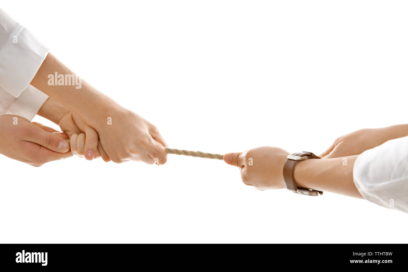 People hands pulling rope for playing tug of war isolated on white ...