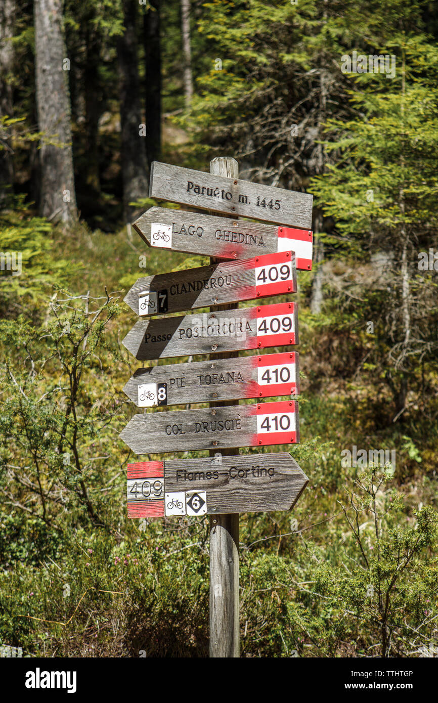 Wooden trail signs in Cortina D'Ampezzo, Dolomites, Italy Stock Photo ...