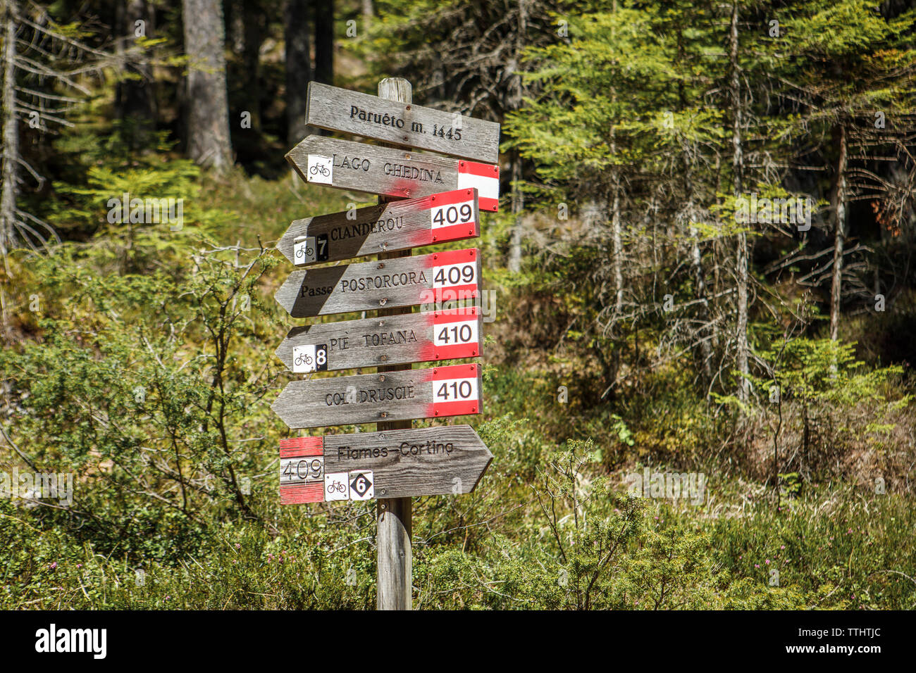 Wooden trail signs in Cortina D'Ampezzo, Dolomites, Italy Stock Photo ...