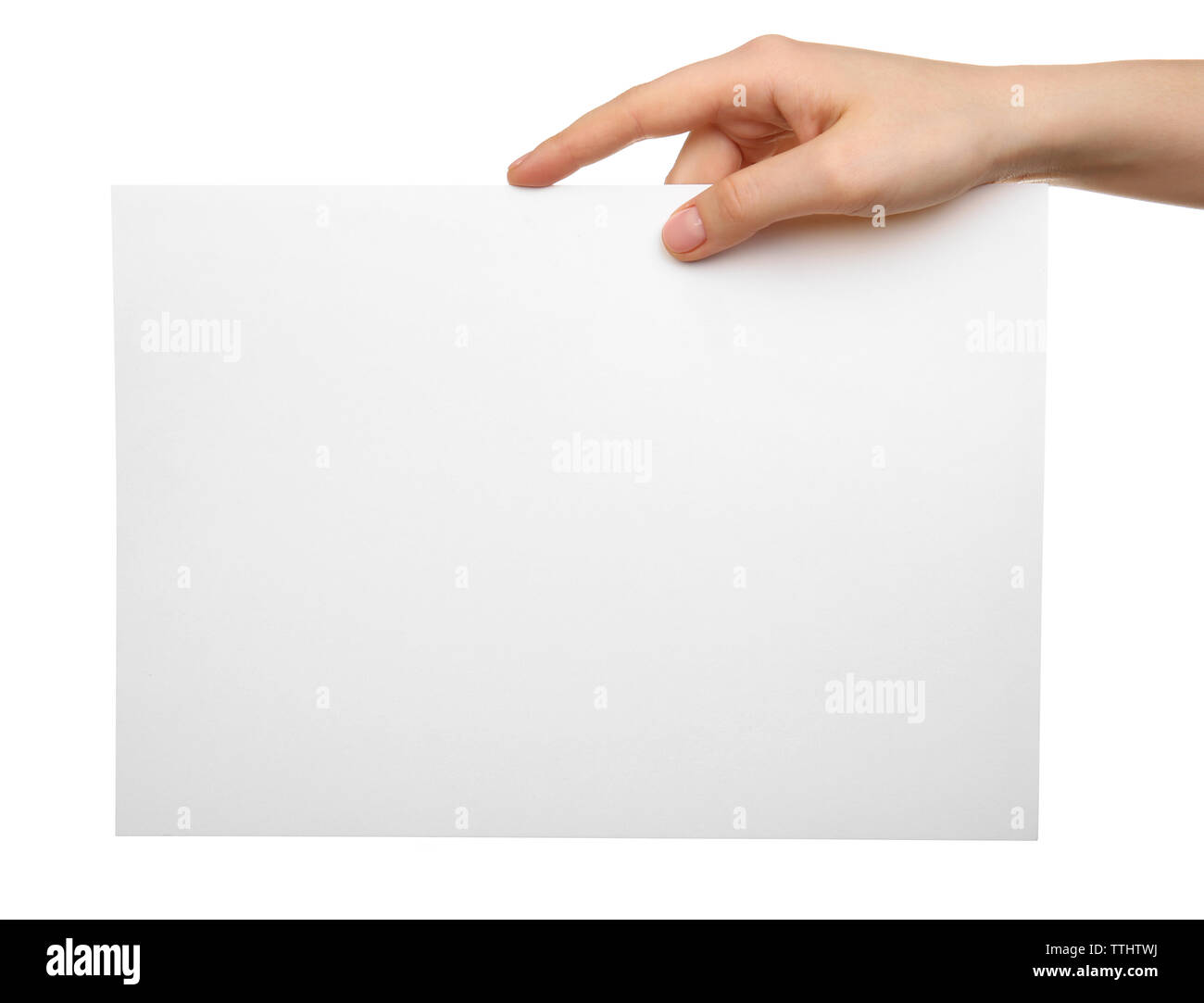 Female hand holding blank sheet of paper isolated on white Stock Photo ...