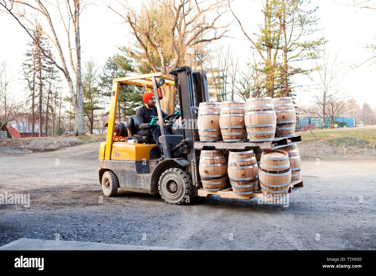 Man carrying barrels on forklift Stock Photo - Alamy