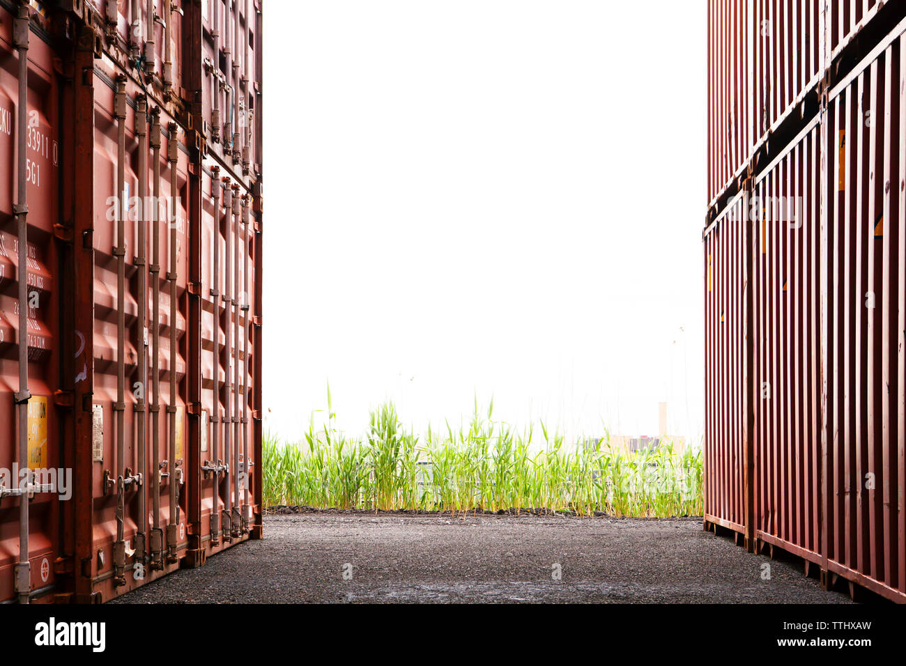 View of plants by cargo containers at commercial dock Stock Photo - Alamy