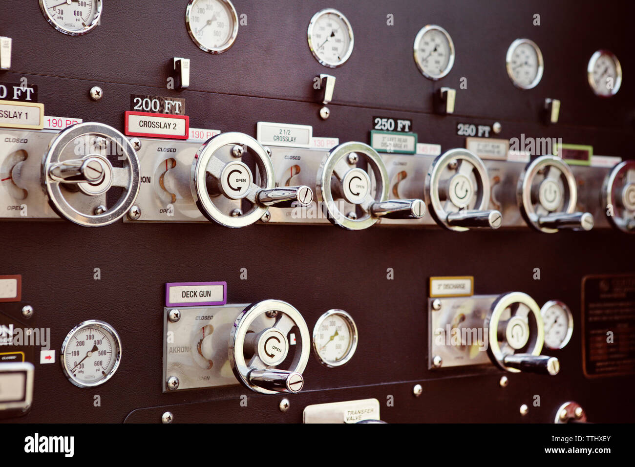 Close-up of control panel of fire engine Stock Photo - Alamy