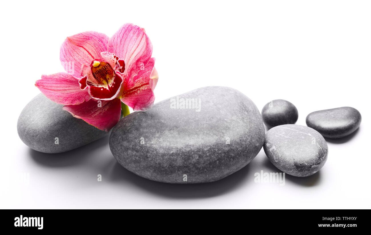 Spa stones and red orchid isolated on white Stock Photo - Alamy