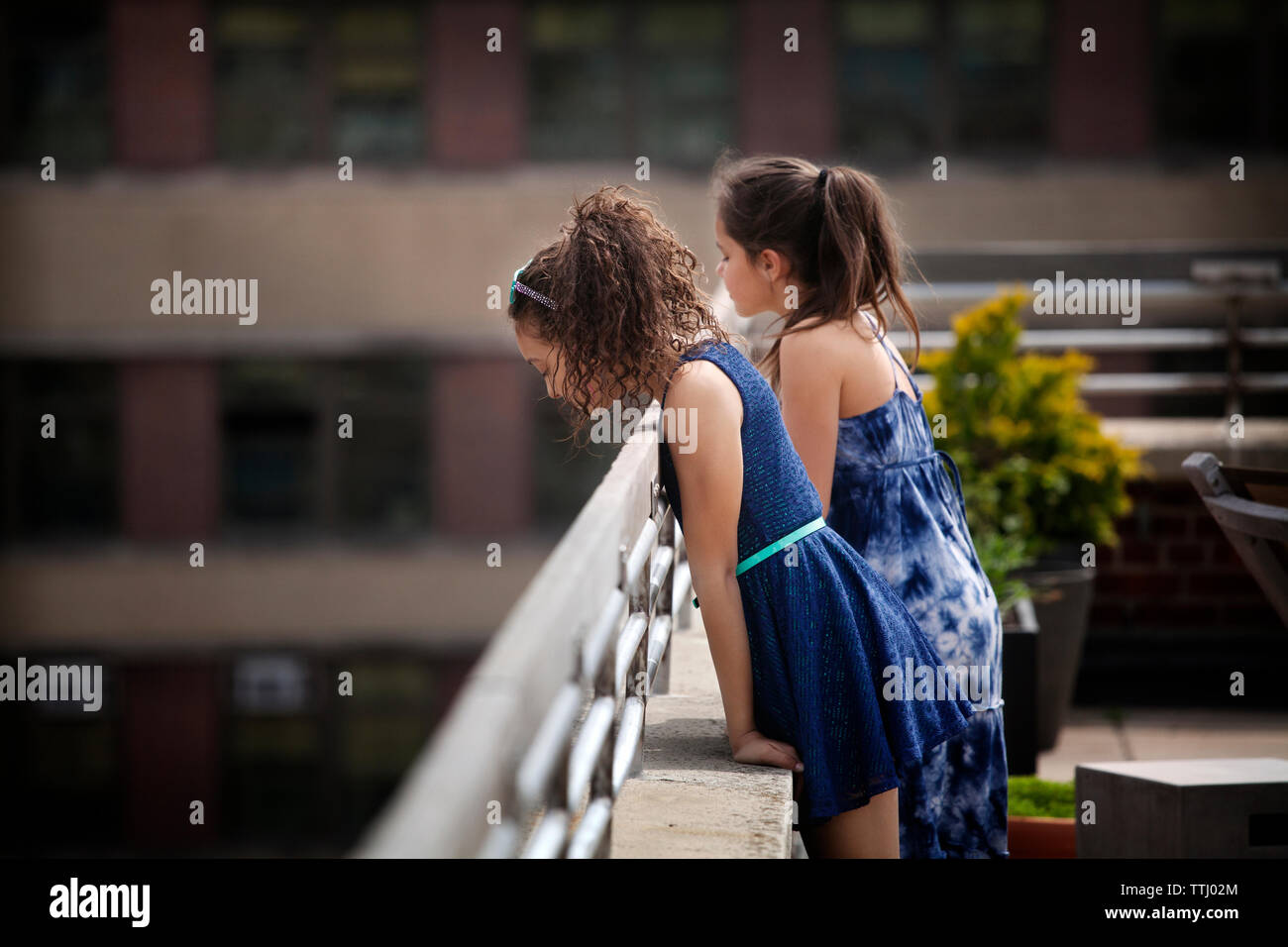 Side view of girls leaning on railing while standing at building ...