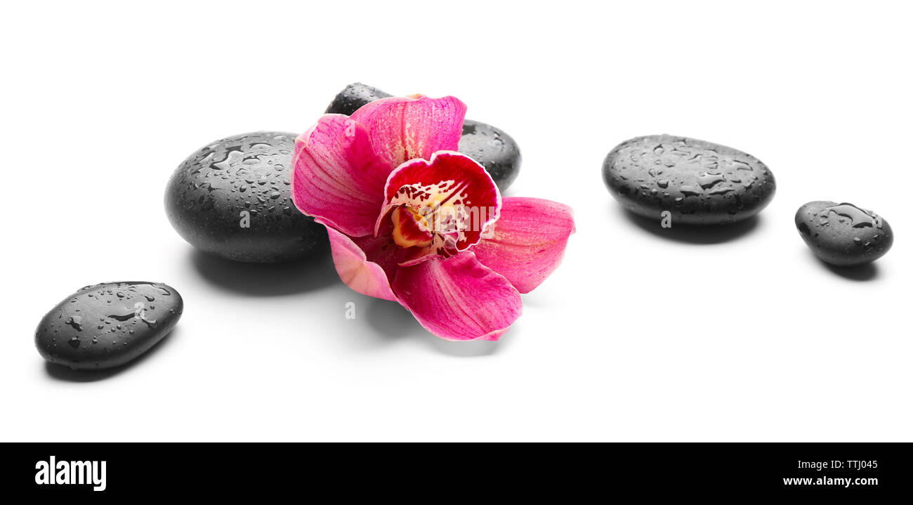 Spa stones and red orchid isolated on white Stock Photo - Alamy