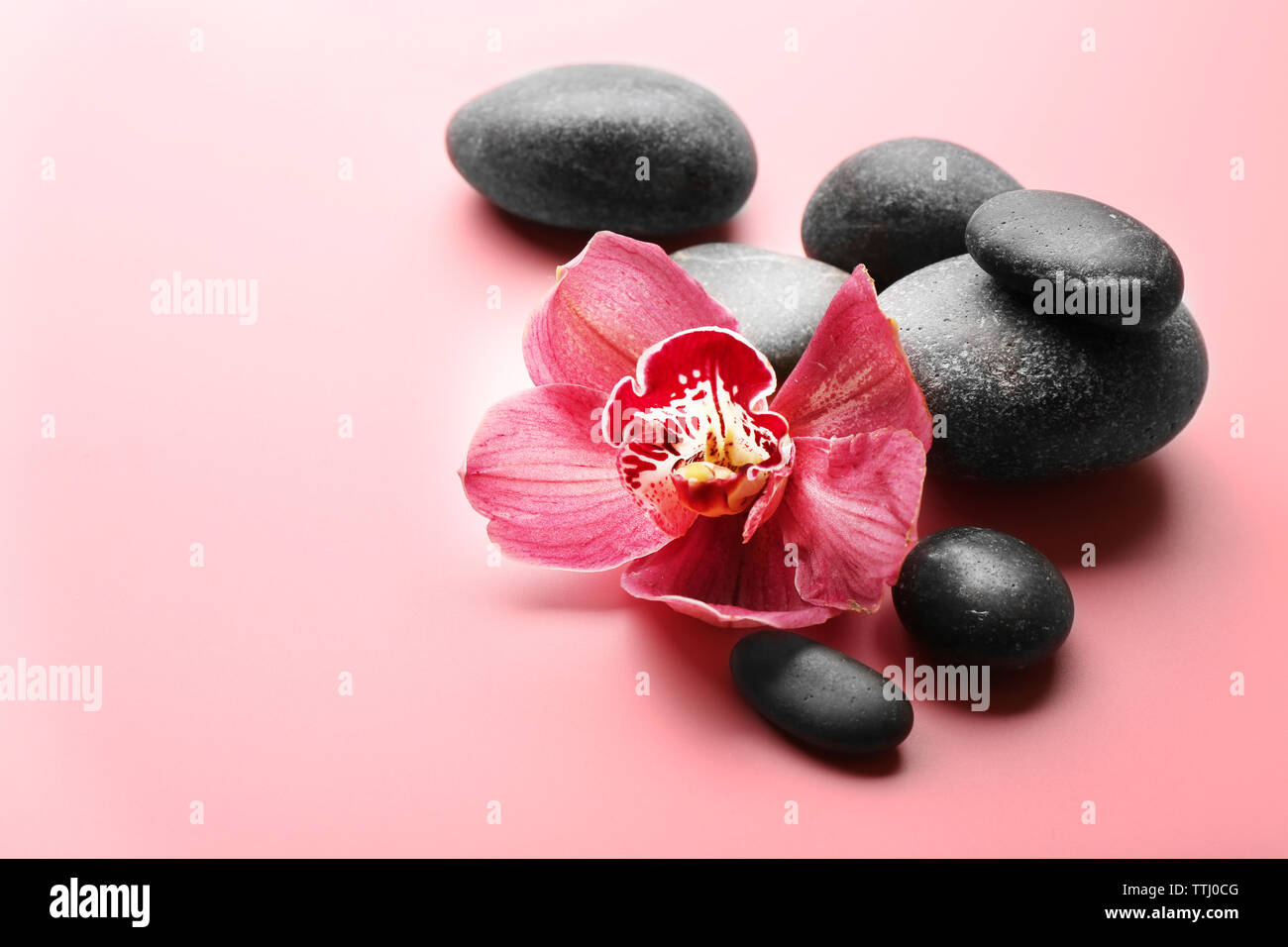 Spa stones and red orchid on pink background Stock Photo - Alamy