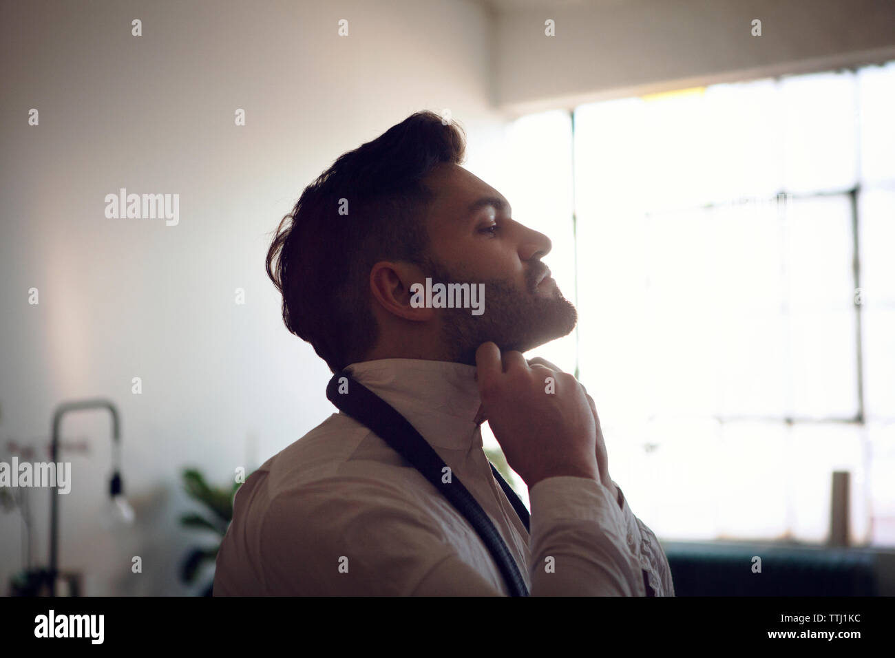 Side view of man tying necktie Stock Photo - Alamy