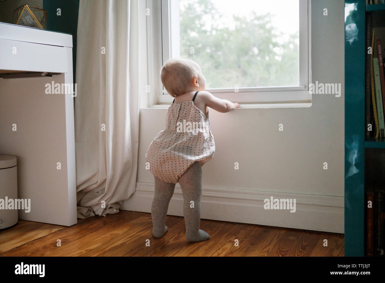 Rear view of baby girl looking through window Stock Photo - Alamy