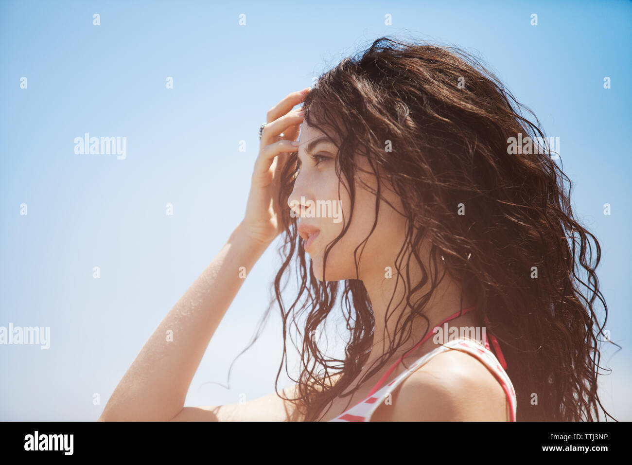 Sunny summer blue sky woman looking view hi-res stock photography and ...