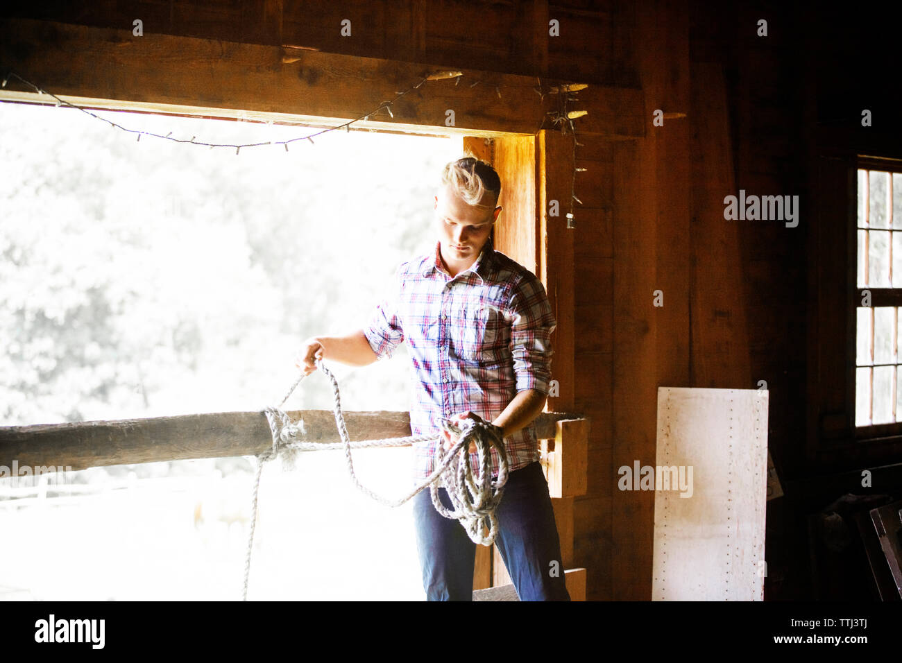 Rancher tying lasso on railing in stable Stock Photo - Alamy