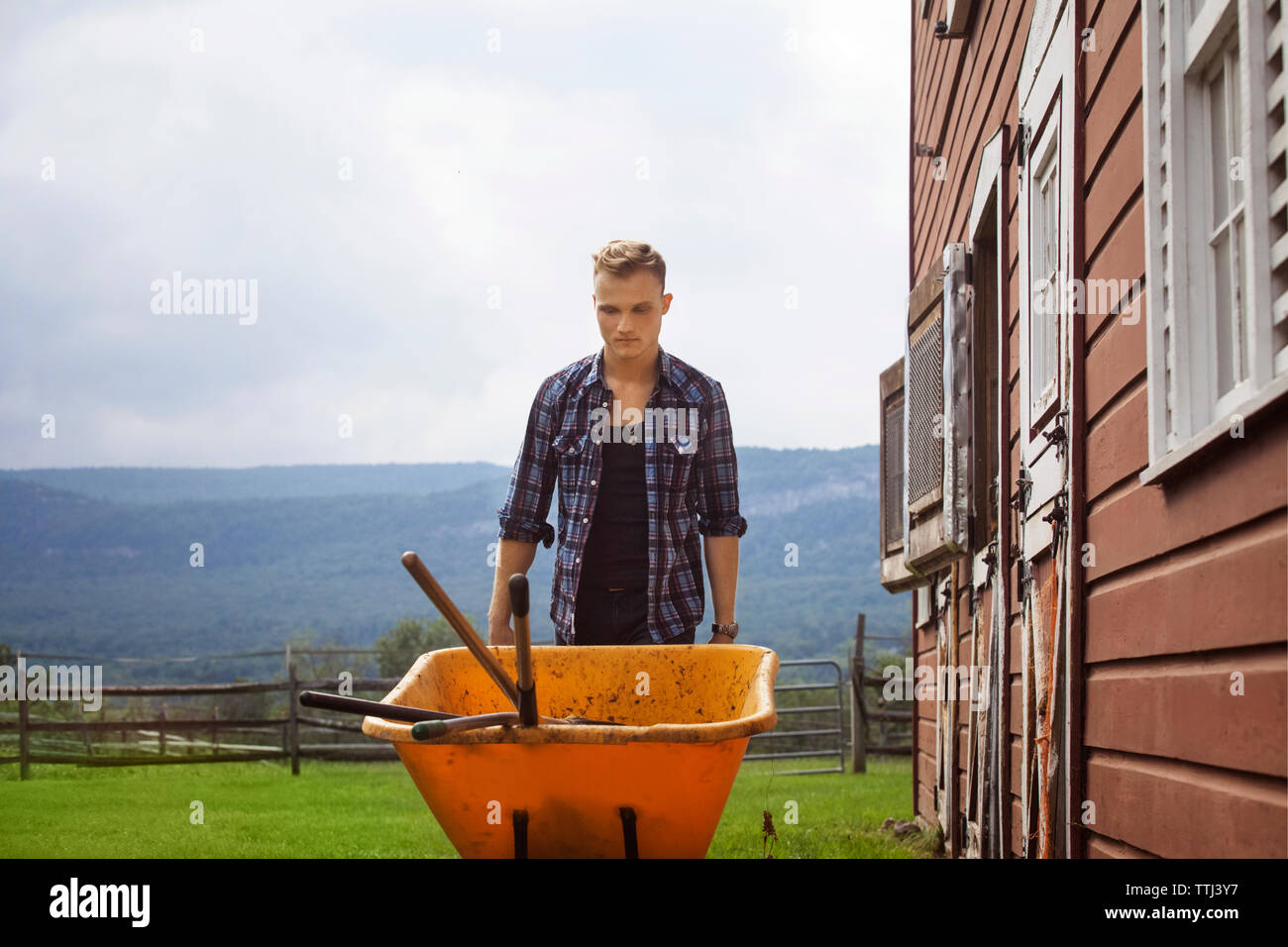 Pushing wheelbarrow hi-res stock photography and images - Alamy